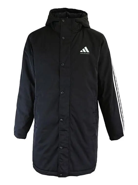 Adidas Long Down Jacket With Hood And Striped Sleeves - Black