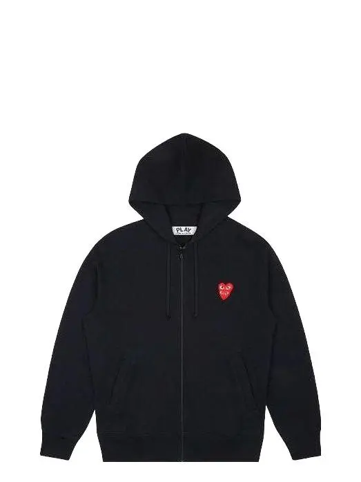 Play Comme Des Garcon Zip Up Hooded Sweatshirt With Red Heart Emblem - Black