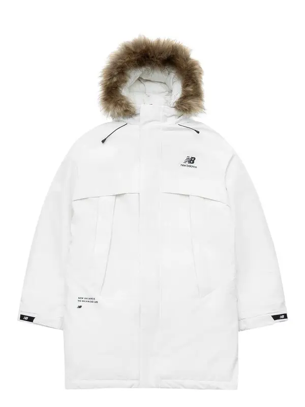NEW BALANCE Long Puff Down Jacket With Fur Hood - White
