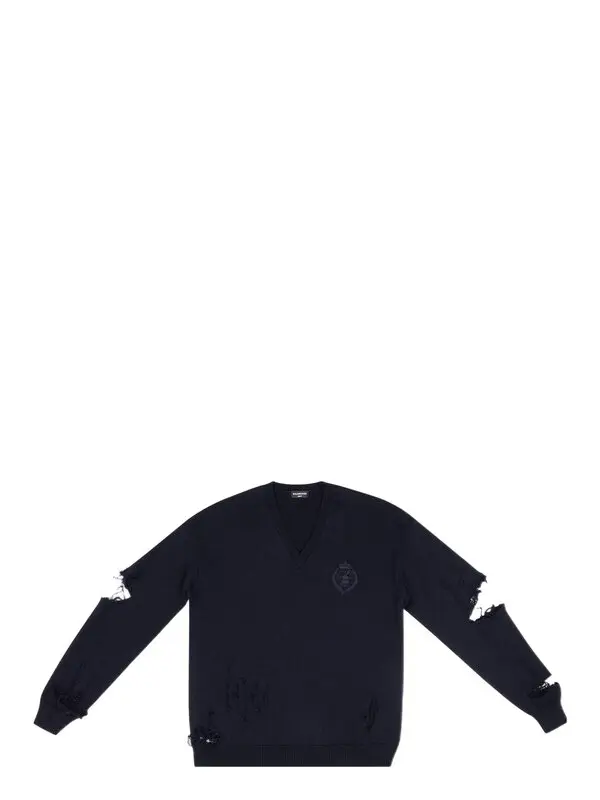 Balenciaga Destroyed V-neck Knit Sweater - Navy
