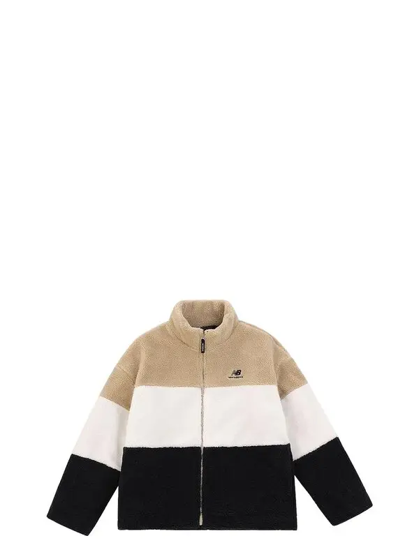 NEW BALANCE Colorblock Patch Detail Zip Up Teddy Jacket - White/tan/black