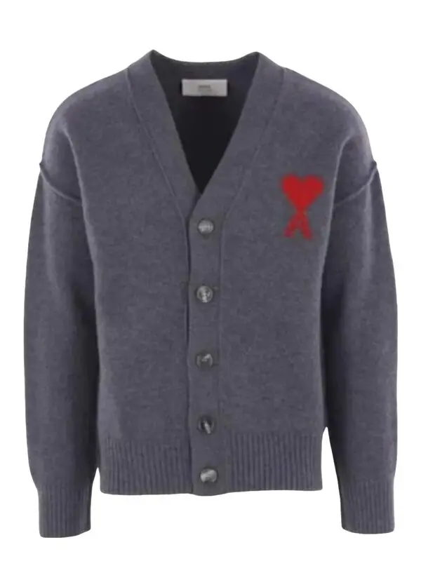 AMI Paris Merino Wool Cardigan With Heart Logo - Heather Grey