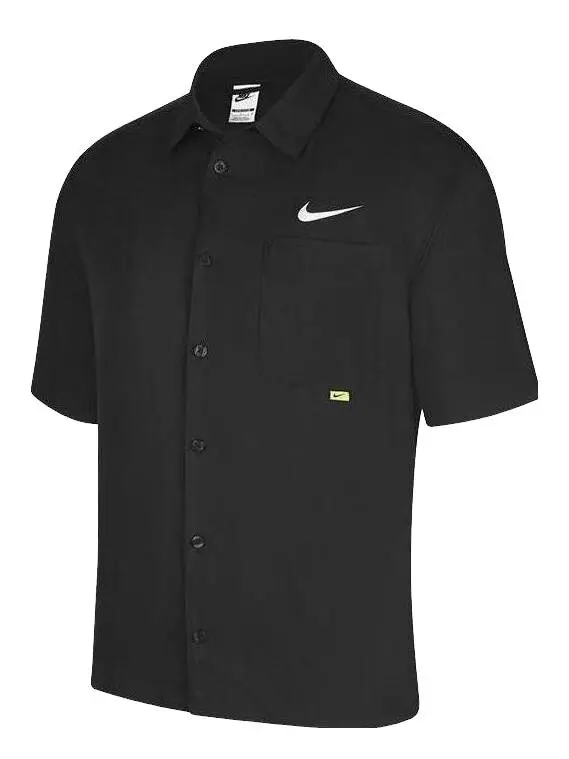 Nike Swoosh Chest Brand Logo Limited Lapel Solid Color Short Sleeve Black Shirt - Default Colorway