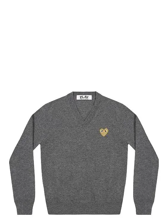 Play Comme Des Garcon V-neck Pullover With Gold Emblem - Grey