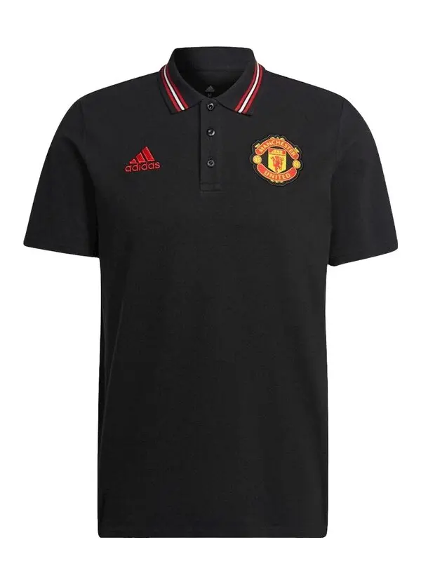 Adidas Manchester United Logo Embroidered Stripe Collar Short Sleeve Black Polo Shirt - Multi-color