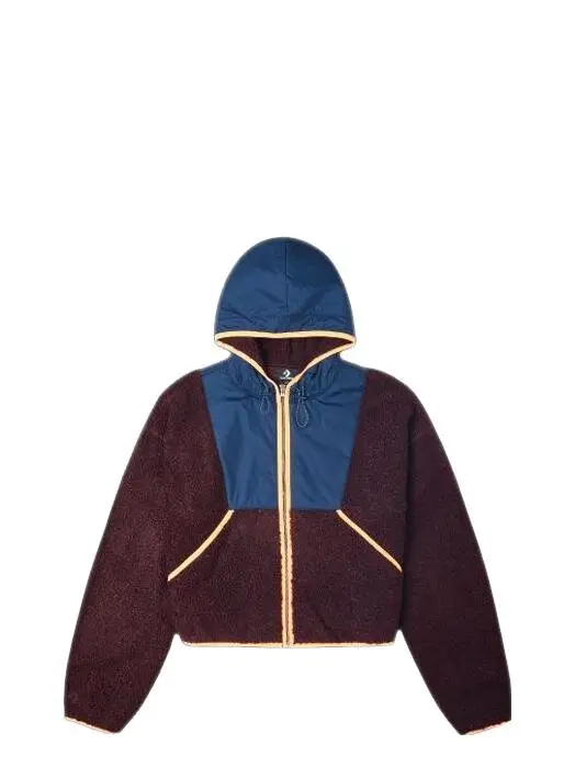 CONVERSE Full Zip Fleece Hooded Jacket - Burgundy/blue/yellow