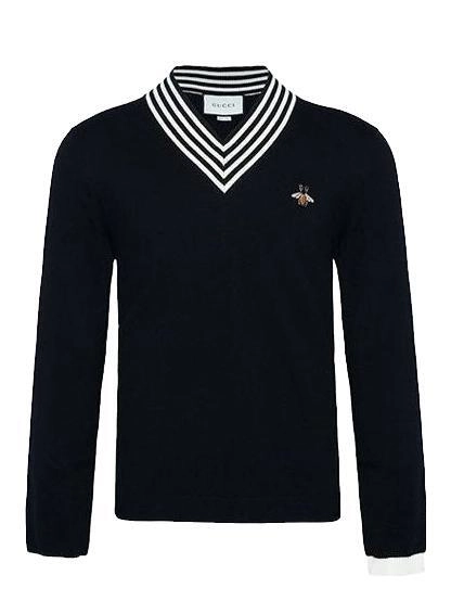 Gucci Bee V-neck Fine Knit Sweater - Black