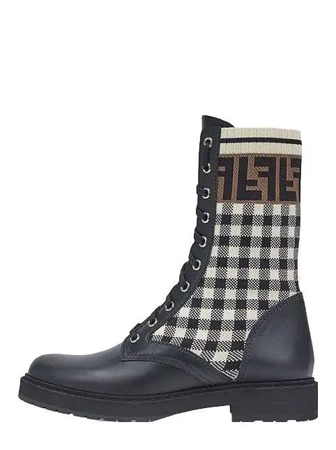 Fendi Black Leather And Gingham Knit Combat Boots - Black/white
