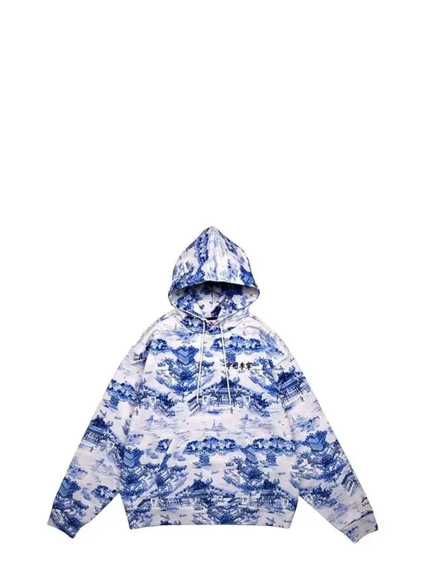 LI-NING Blue And White Porcelain Print Loose Pullover Hoodie - Blue/white