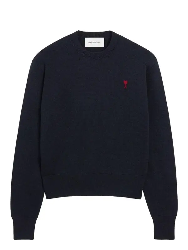 Ami Wool Knit With Small Heart Logo - Navy