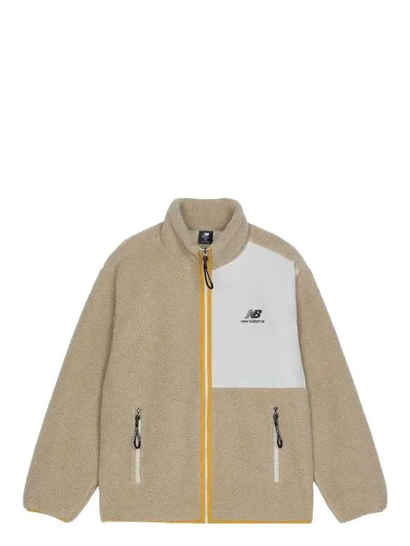 NEW BALANCE Knit Suede Stand Collar Jacket With Contrasting Panel And Logo Detail - Khaki