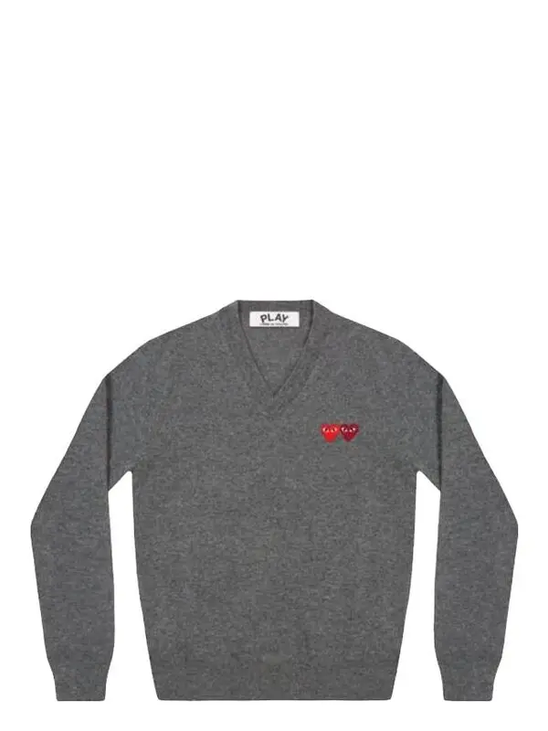Play Comme Des Garcon V-neck Pullover With Double Emblem - Grey
