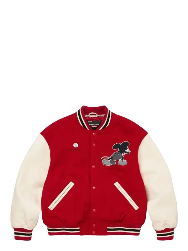 Supreme X Number Ine Mickey Varsity Jacket - Red