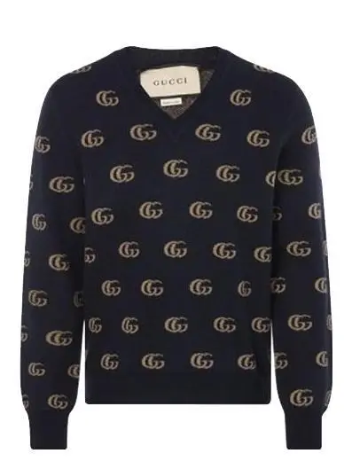 Gucci Double G Jacquard Wool V-neck Sweater - Navy