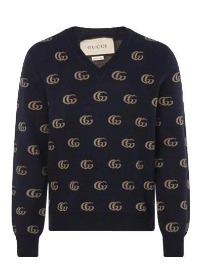 Gucci Double G Jacquard Wool V-neck Sweater - Navy