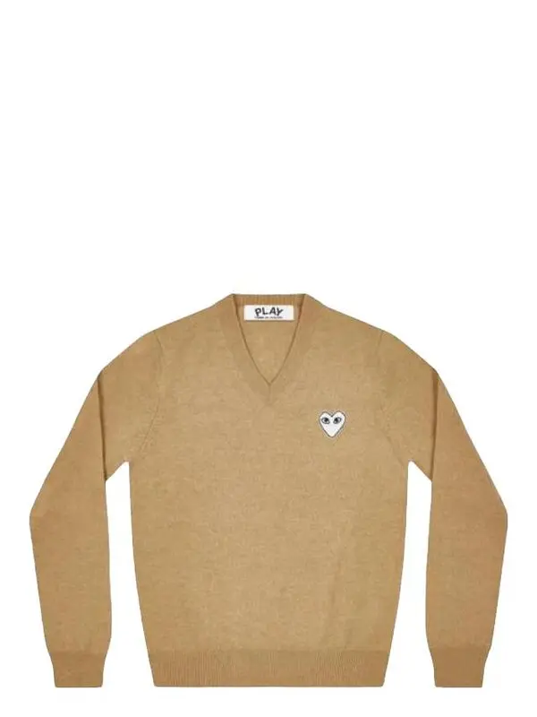 Play Comme Des Garcon V-neck Pullover With White Emblem - Beige