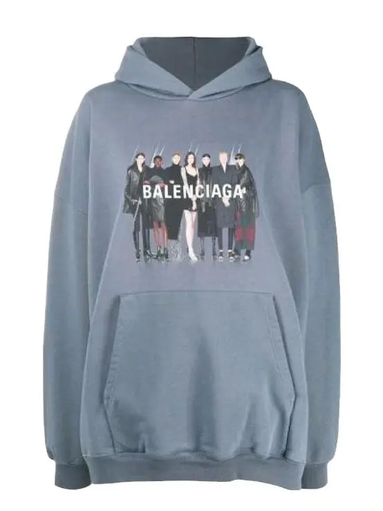 Balenciaga Oversized Hoodie With Graphic Print - Grey