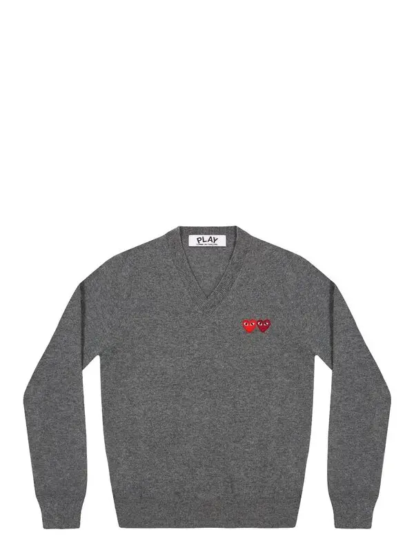 Play Comme Des Garcon V-neck Pullover With Double Emblem - Grey