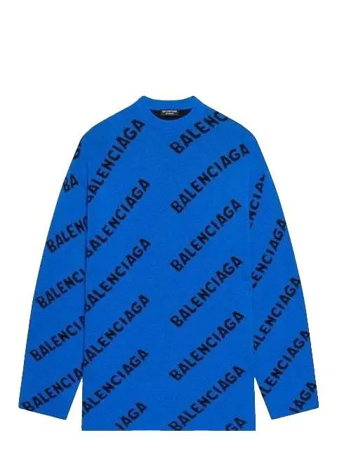 Balenciaga All Over Logo Crewneck Wool Knit Sweater - Blue