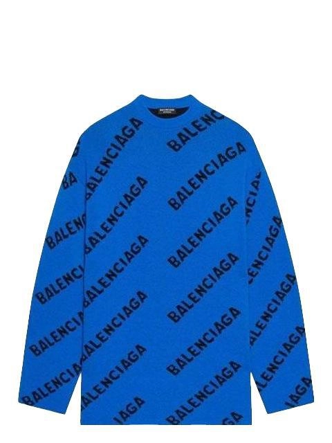 Balenciaga All Over Logo Crewneck Wool Knit Sweater - Blue