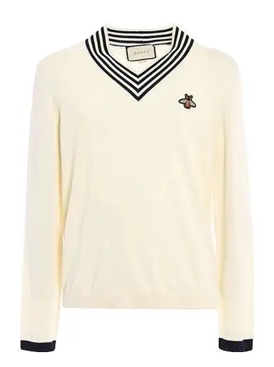 Gucci V-neck Wool Knit With Bee Applique - White/black