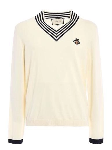 Gucci V-neck Wool Knit With Bee Applique - White/black