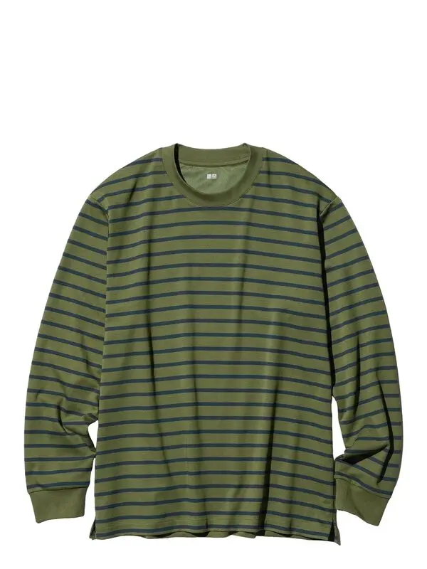Uniqlo Cotton Striped Crew Neck T-shirt Long Sleeve - Olive