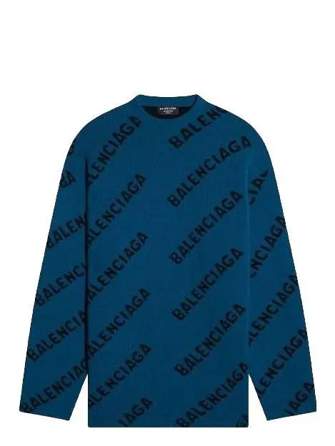 Balenciaga All Over Logo Crewneck Wool Knit Sweater - Petrol Blue