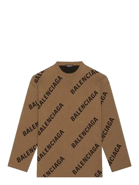 Balenciaga All Over Logo Crewneck Wool Knit Sweater - Light Brown