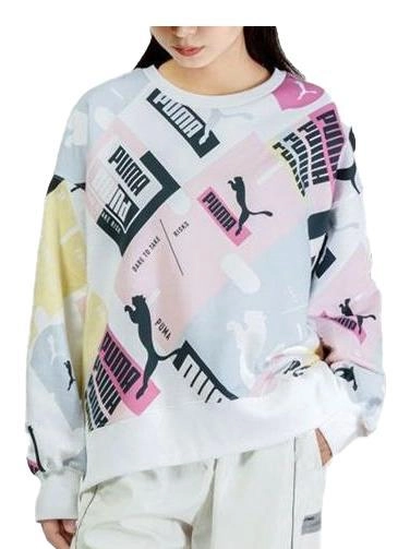 PUMA Full Print Logo Colorblock Loose Round Neck Pullover Hoodie - White