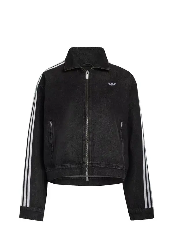 Adidas Originals Denim Jacket With Sporty Stripes And Lace-up Detail - Black