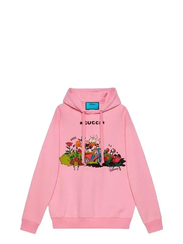 Gucci X Disney Donald Duck Printed Logo Embroidered Cotton Hoodie - Pink