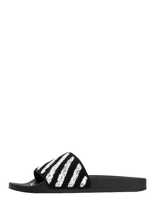 Off-White Diagonal Stripe Plush Fur Slippers - Black And White