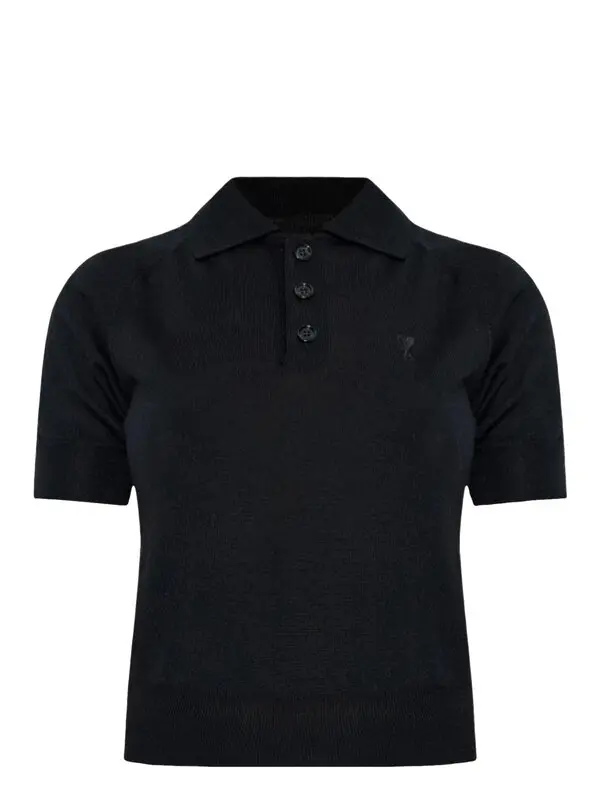 Ami Merino Knit Wool Short Sleeve Polo With Tone-on-tone Heart Logo - Black