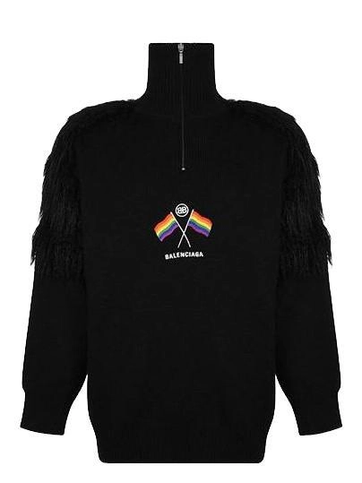 Balenciaga Zip Up Turtleneck Sweater With Fur Detail - Black