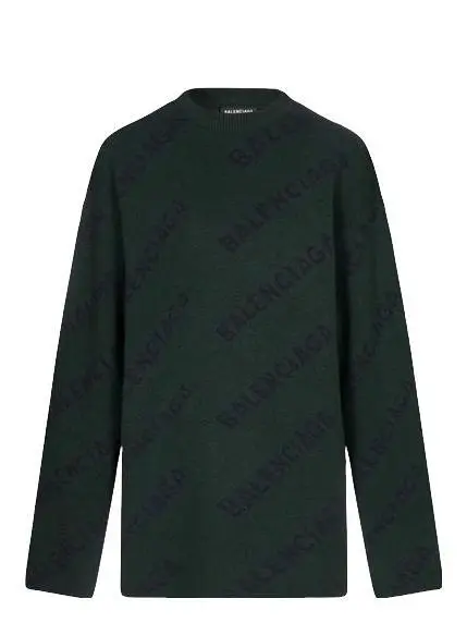 Balenciaga All Over Logo Crewneck Wool Knit Sweater - Dark Green