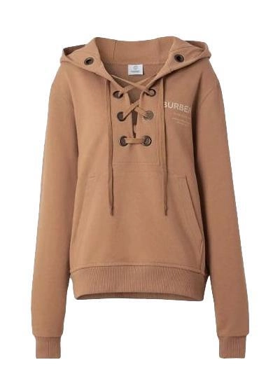 Burberry Cotton Loose Hoodie With Lace-up Detail - Camel