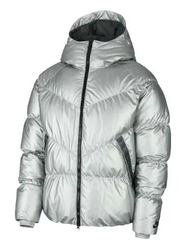 Nike Metallic Hooded Down Feather Jacket - Silver