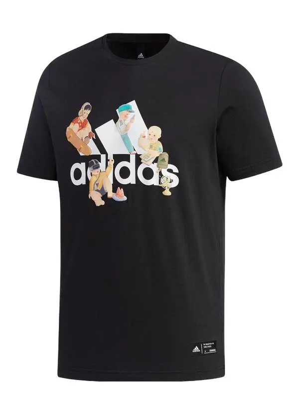Adidas Cartoon Alphabet Logo Printing Round Neck Short Sleeve Black T-shirt - Default Color