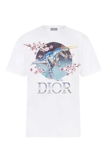 Dior X Sorayama Crossover Sakura Dragon Printing Short Sleeve T-shirt - White