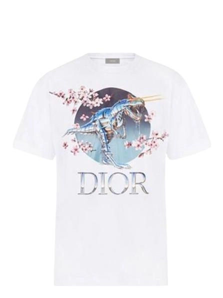 Dior X Sorayama Crossover Sakura Dragon Printing Short Sleeve T-shirt - White