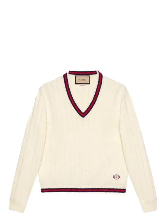 Gucci Ss21 Knit V-neck Wool Sweater With Webbing Detail - Creamy