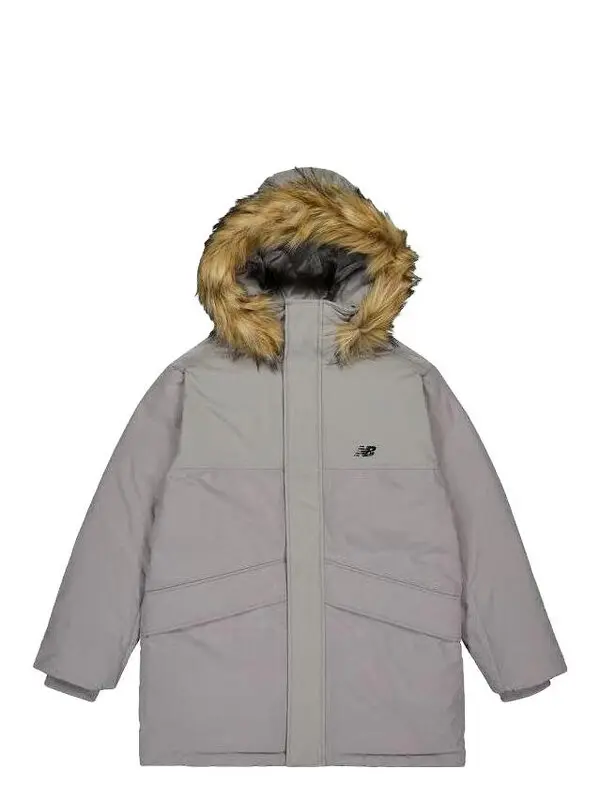 NEW BALANCE Hooded Parka With Faux Fur Trim - Grey