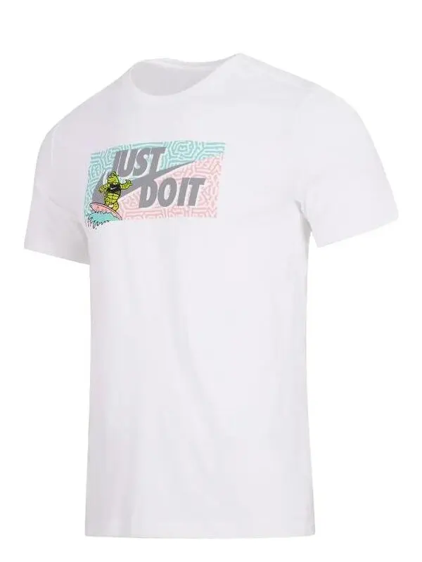 Nike Square Brand Logo Cartoon Printing Round Neck Casual Short Sleeve White T-shirt - Multi-color