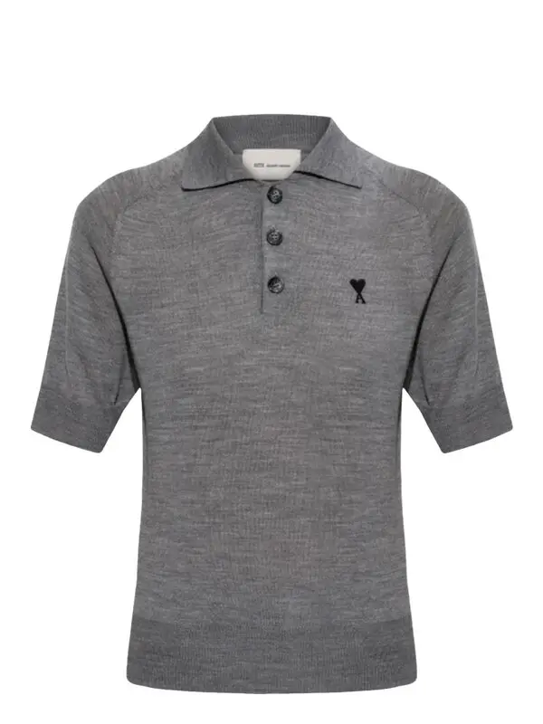 Ami Merino Knit Wool Short Sleeve Polo With Heart Logo - Grey/black