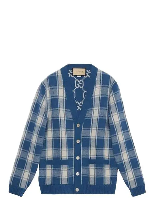 Gucci Reversible Checked Wool Cardigan - Blue/ivory