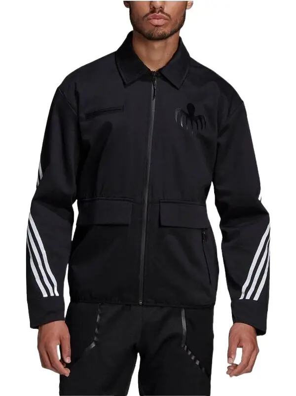 Adidas Black Long Sleeve Lapel Jacket With Stripe Detailing - Default Colorway