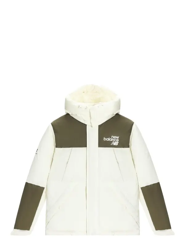 NEW BALANCE Windproof Hooded Down Jacket - White/olive Green