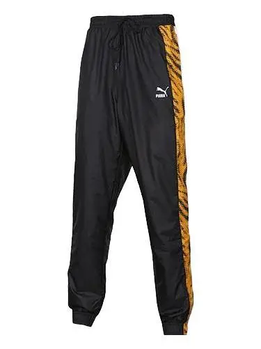 PUMA Leopard Print Splicing Running Sports Woven Long Pants Black - Default Color