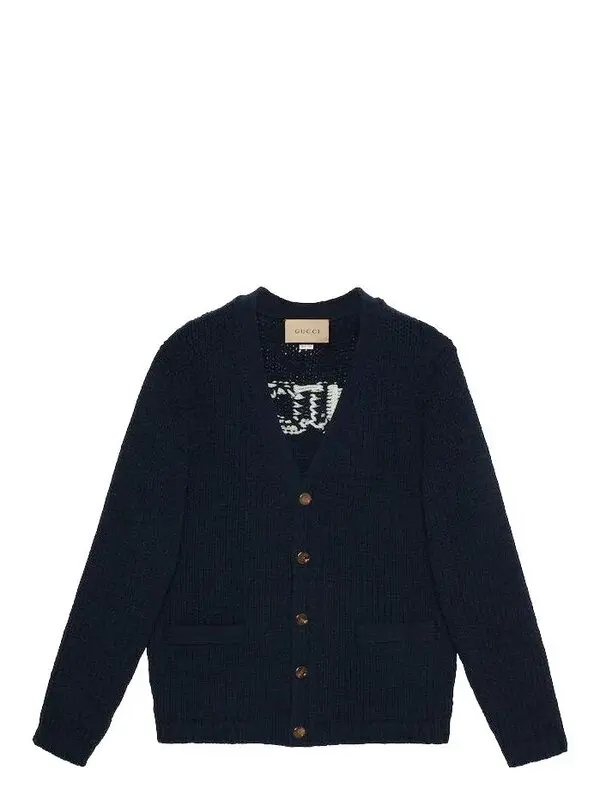 Gucci Knit Wool Cardigan With Intarsia Detail - Dark Blue